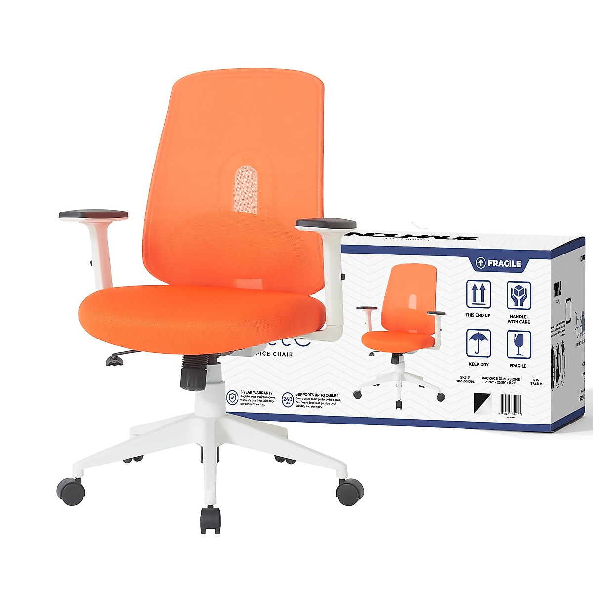 Nouhaus Palette Ergonomic Mesh Office Chair, Breathable Office Computer Desk Chair with Adjust Lumbar Support and Armrest Executive Task Chair (Bright Orange)