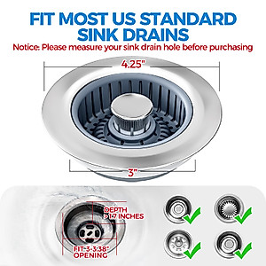 Upgraded 2Pack 3in1 Kitchen Sink Drain Strainer & Sink Stopper, Stainless Steel Kitchen Drain Plug & Cover with Anti-Clogging Basket Strainer, Fit US Standard 3-1/2'' Sink Drain Hole, Silver