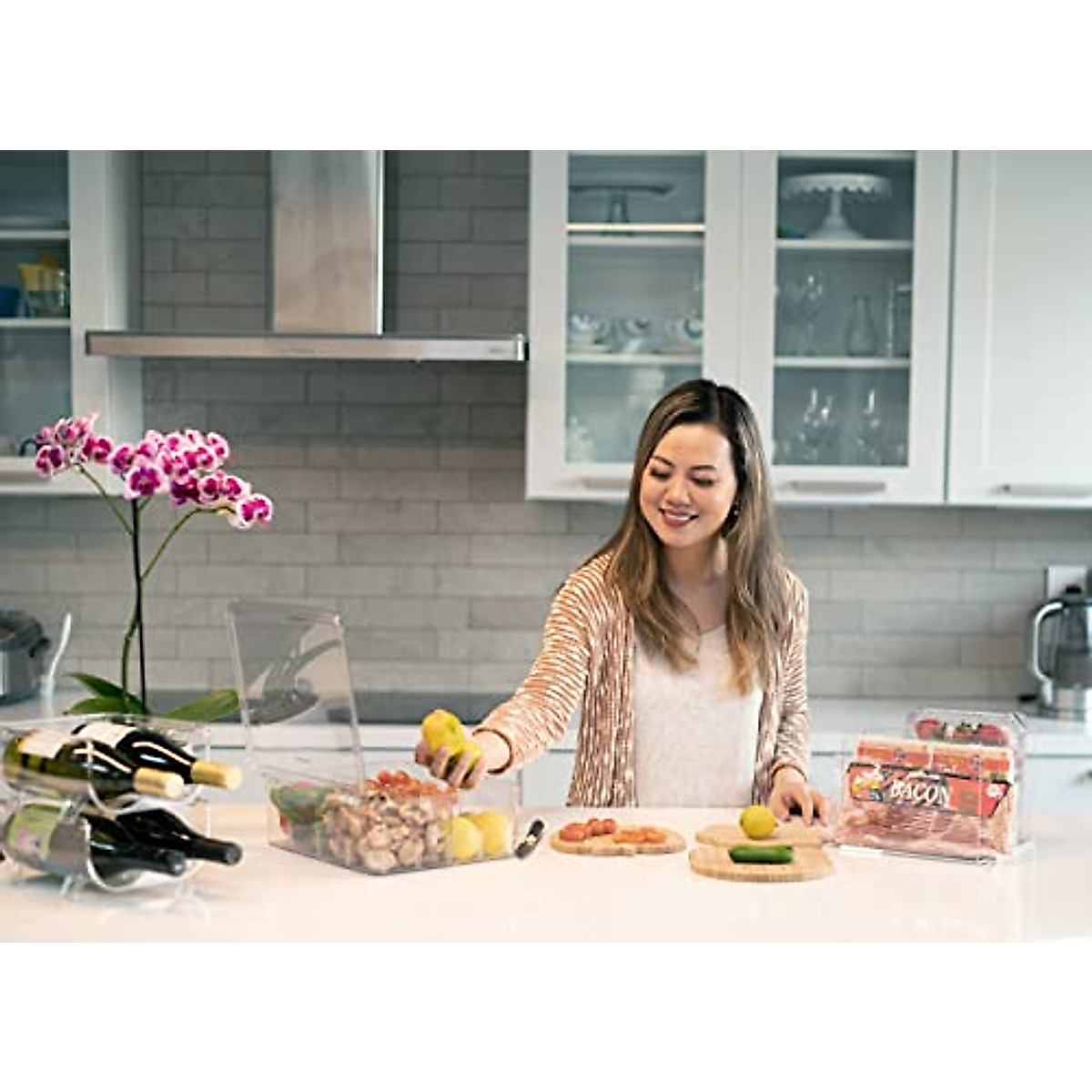 smartified Fridge Organizer Bin with Lid & Removable Dividers - Stackable Multipurpose for Teabags, Art & Crafts - Kitchen Pantry Refrigerator Freezer