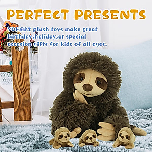 YOHAKI Sloth Plush Animal, 11.02" Cute Stuffed Sloth with 3 Baby Sloths, Easter Stuffed Sloth Animal, Washable Plush Toys, Cute Three Toed Sloth Birthday Gifts for Kids Boys and Girls, Brown