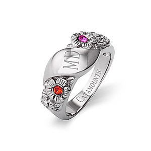 Women's Sterling Silver 2 Stone CZ Birthstone Graduation Class Ring (ring size 5) - Personalized Class Ring for Graduate - Custom Engraved Ring for Her - Graduation Gift - Gifts for Mom