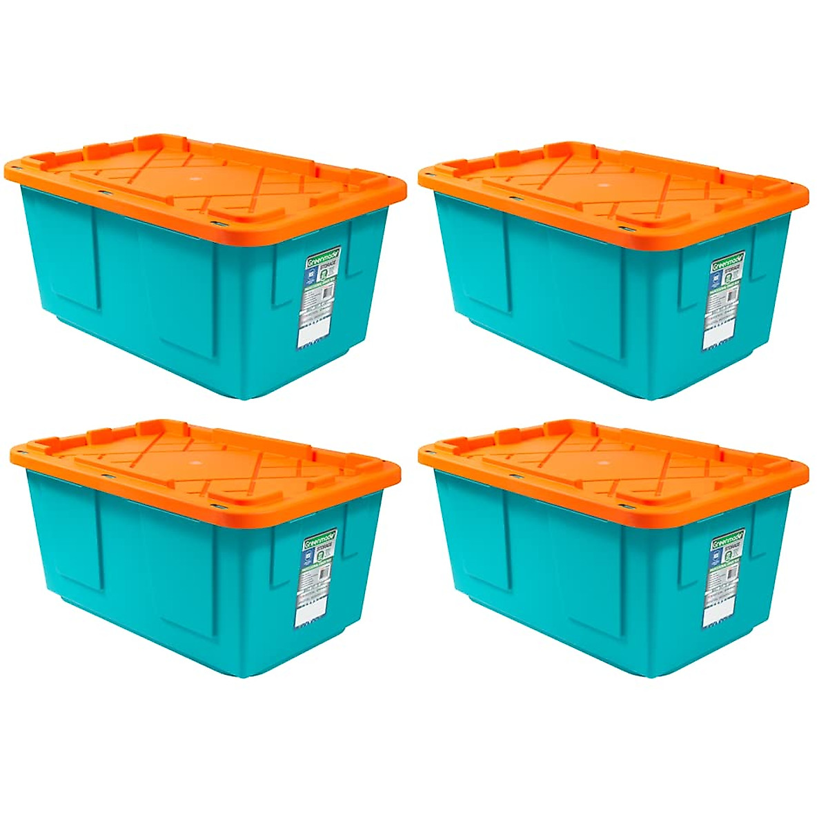 GREENMADE Extra Strong 27Gallon Plastic Storage Bin, Multi Color, 4 Pack. Heavy Duty Built With Snap Fit Lid. Factory Direct (Blue & Orange)