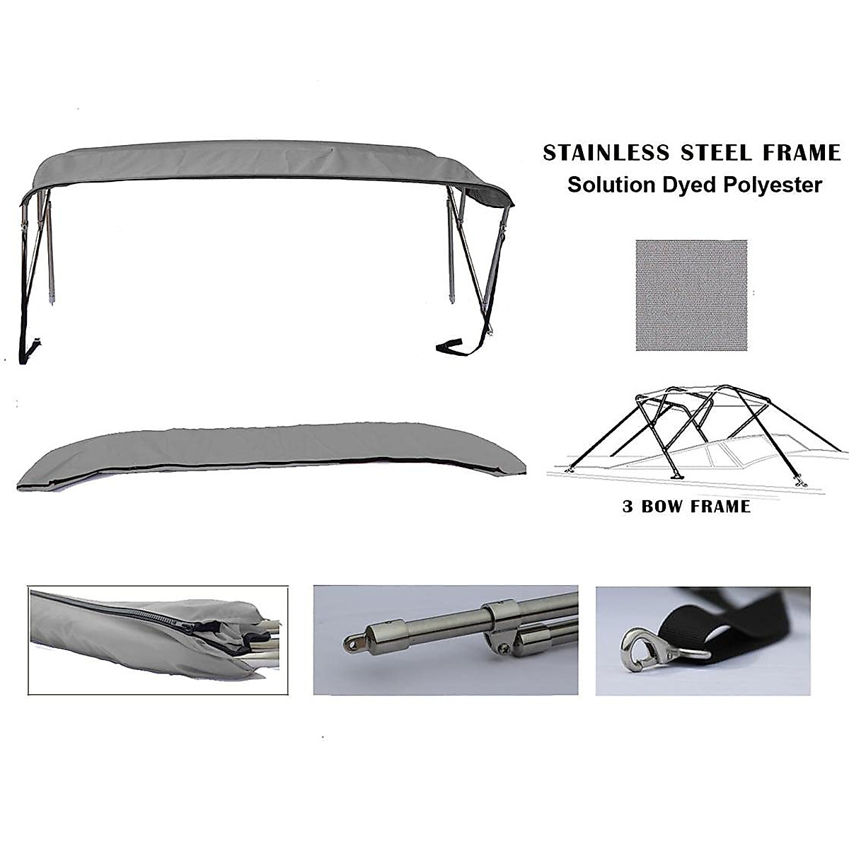 SBU Light Grey Stainless Steel 3-Bow Bimini Top Compatible for Regal 1900 FASTRAC BR W/SWPF for Model Years 2010-2017