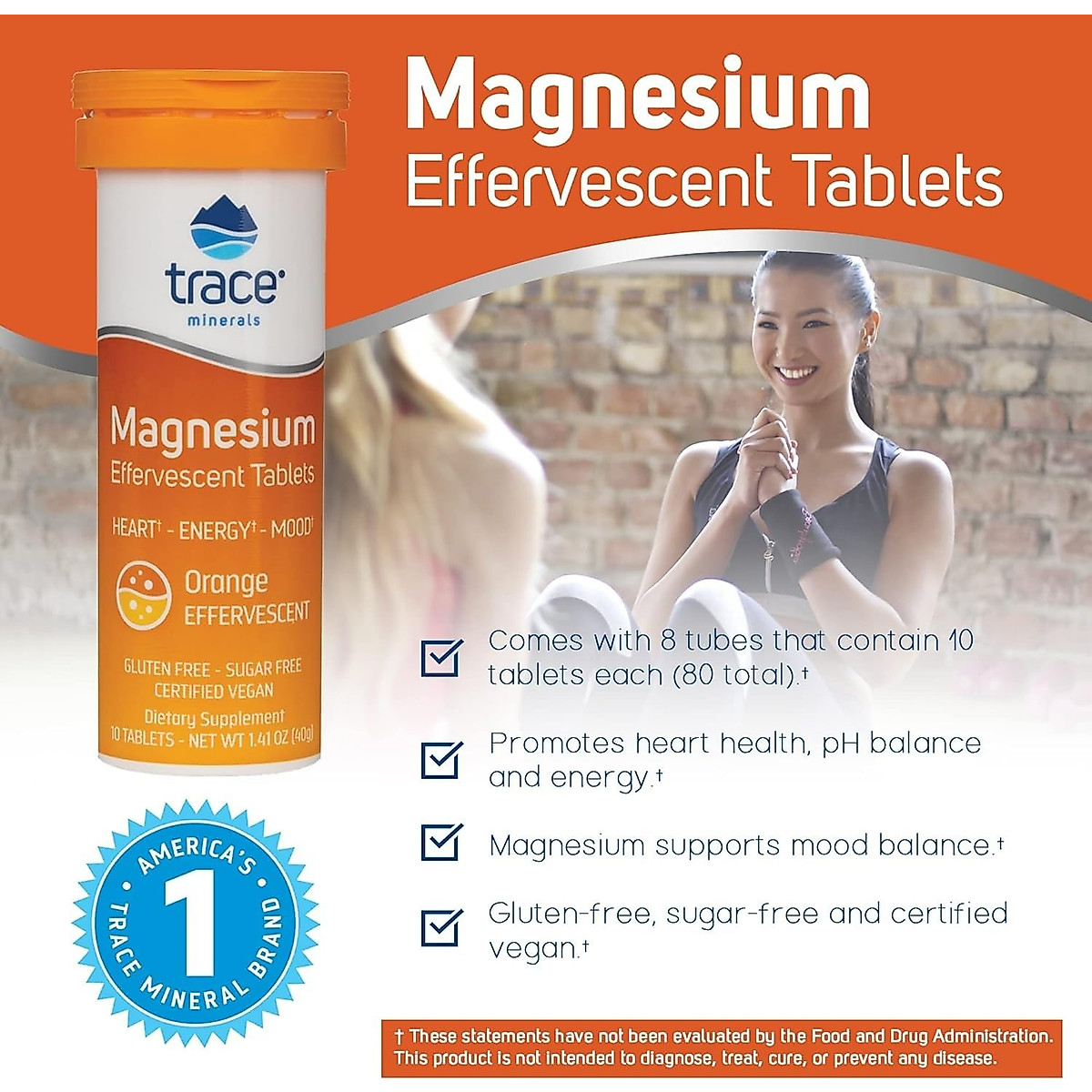 Trace Minerals Magnesium Effervescent - Bone & Circulatory Health Support Supplement - Magnesium Supplement to Aid Cardiovascular Health & Positive Outlook - Orange, 8 Containers (80 Servings)