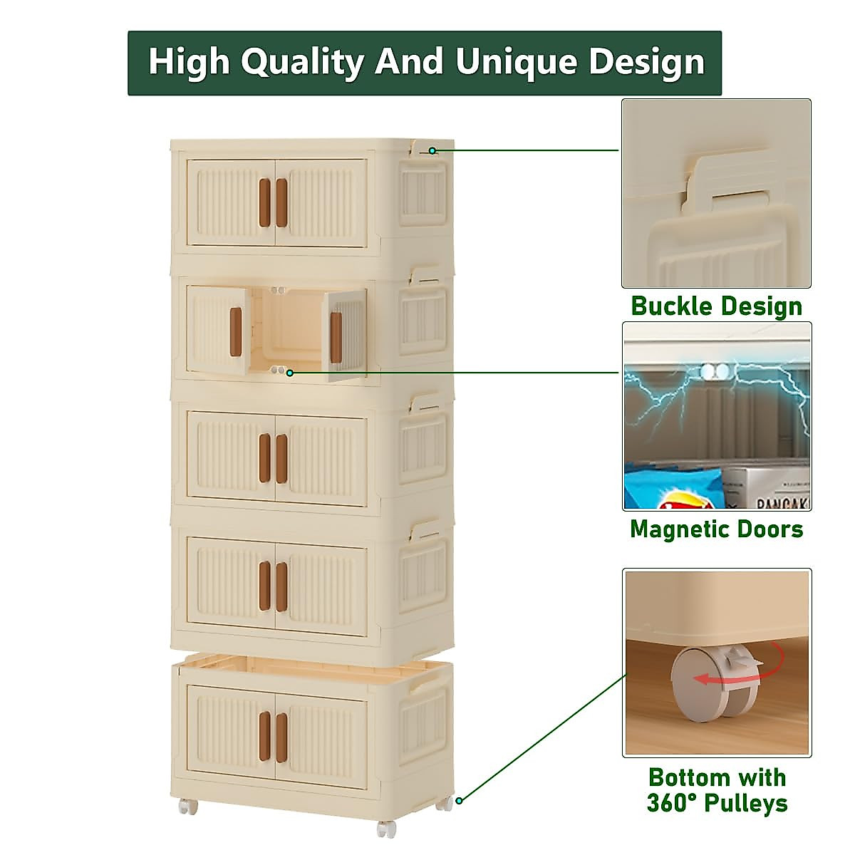 4 Tier Stackable Storage Bins with Lids,17‘’×10.6‘’×35‘’Plastic Storage Containers with Magnetic Doors & Wheels, Collapsible Storage Bins Closet Organizers,Foldable Organization for Home,Office, Dorm