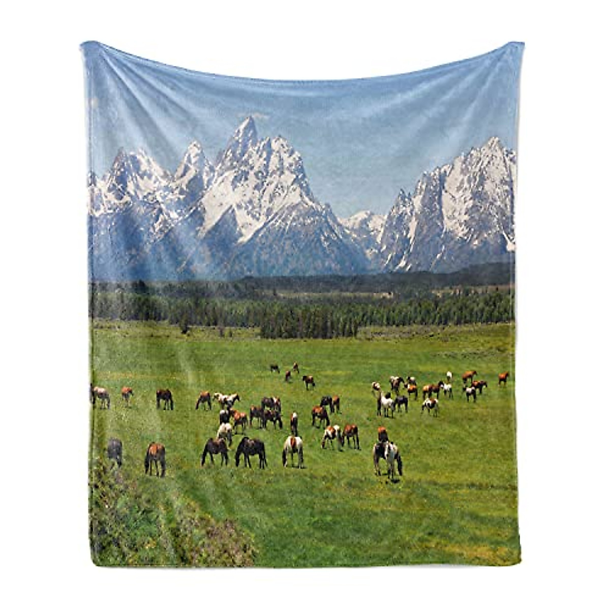 Lunarable Horse Throw Blanket, Grand Teton National Park Snowy Mountains Fresh Greenery Trees Animals, Flannel Fleece Accent Piece Soft Couch Cover for Adults, 70" x 90", Green and Pale Blue
