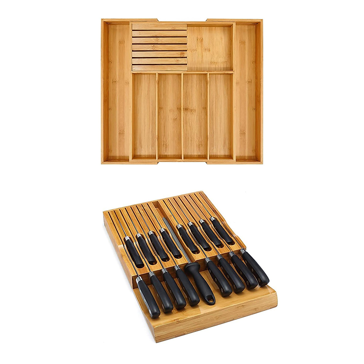 Bamboo Knife Drawer Organizer, Expandable Cutlery Tray and In-Drawer Knife Insert (16 knives)