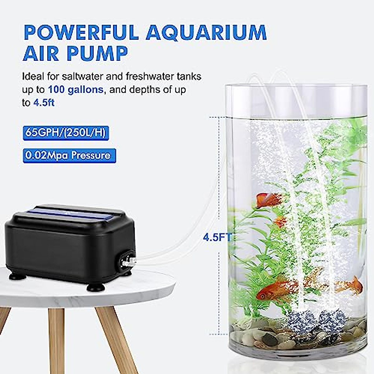 fishkeeper Aquarium Air Pump, 5W Dual Outlet Adjustable Fish Tank Aerator, 65GPH Quiet Oxygen Bubbler with Air Stone/Tubing/Check Valve/Connector for Fish Tank up to 100 Gallon