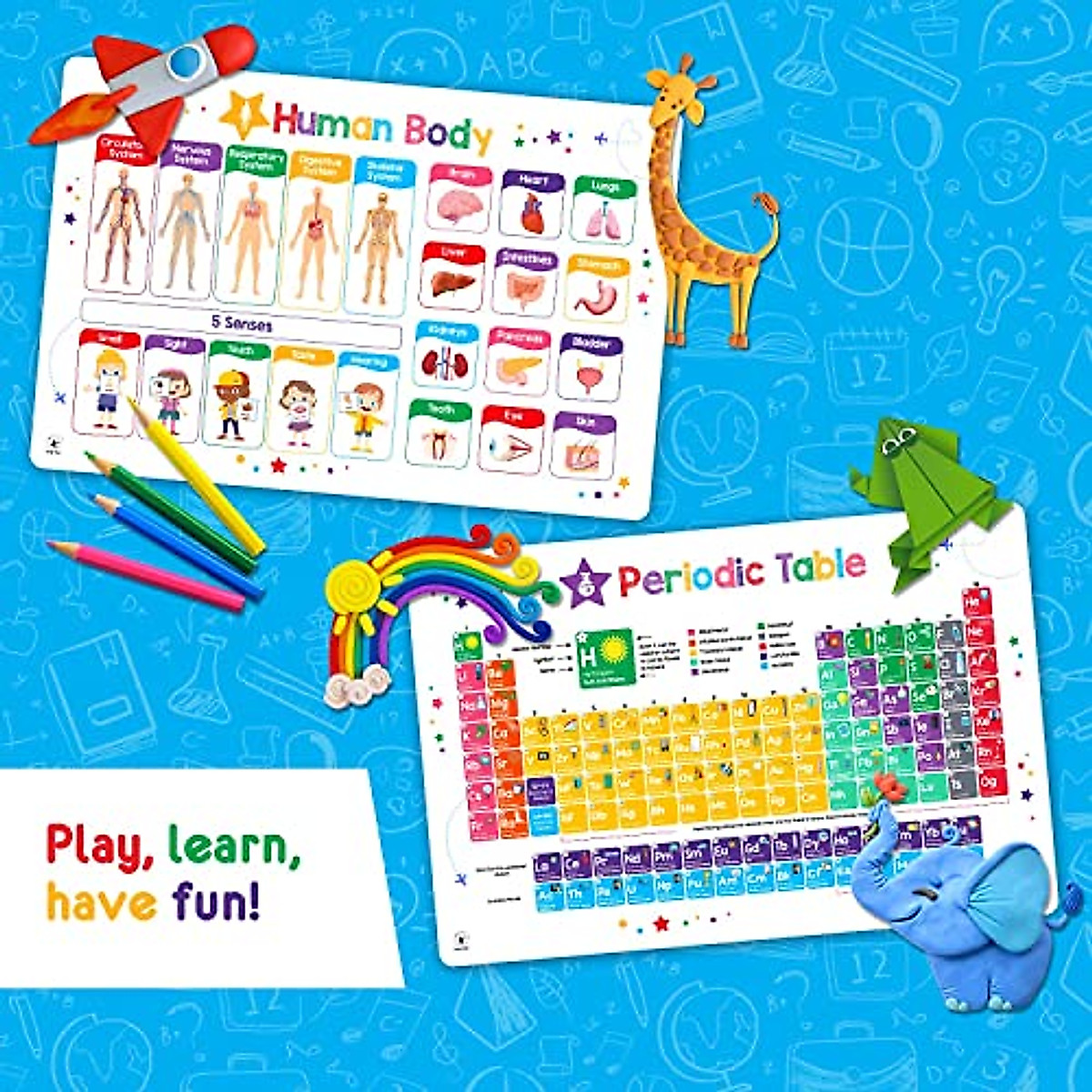 Simply Magic Discovery Set of 5 Educational Placemats for Kids - Kids Placemats Non Slip for Dining Table, Wipeable Reusable Plastic Placemats for Kids: USA, World Map, Periodic Table, Solar System