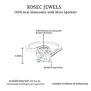 Rosec Jewels Certified Moissanite Solitaire Bypass Engagement Ring for Women | 3.75 Cttw | 8 MM | D-VS1 Quality, 14K White Gold, Size:US 6.50
