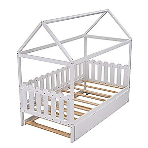 KLMM Low Daybed for Kids, Floor Bed with Trundle Bed, House Shape Wooden Bed Frame with Fence-Shaped Guardrail and Roof, Bedroom Furniture, Can be Decorated, Tent, Twin (White+Fence-Shaped Guardrail)