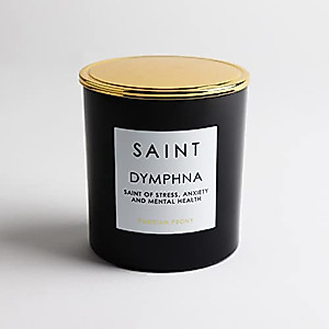 SAINT Dymphna Scented Candle with Prayer, Prayer Coin, and Holy Oil, Saint of Stress, Anxiety, and Mental Health, Soy Coconut Aromatherapy Candle with 50 Hour Burn Time