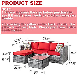 Shintenchi Patio Furniture Sets Outdoor Sectional Sofa Silver All-Weather Rattan Wicker Small Patio Conversation Couch Garden Backyard with Washable Couch Cushion and Glass Table 3 Pieces Red