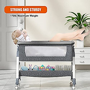 GJCOS Baby Bassinet Bedside Sleeper (Gray) - 3 in 1 Bedside Bassinet Cribs, Breathable Attached Mesh Side, Toddler Bassinet Attach to Bed, Adjustable & Convertible Bassinet Baby Co Sleeper for Bedside