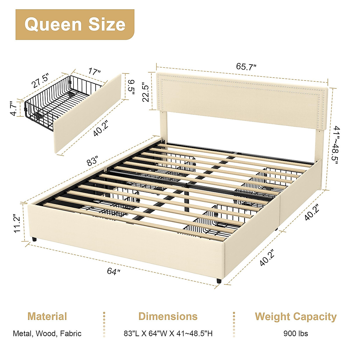 Queen Bed Frame with 4 Storage Drawers, Modern BedFrame with Rivet Adjustable Headboard, Platform Mattress Foundation, Metal Frame Structure with Wooden Slats Support, No Box Spring Needed, Beige