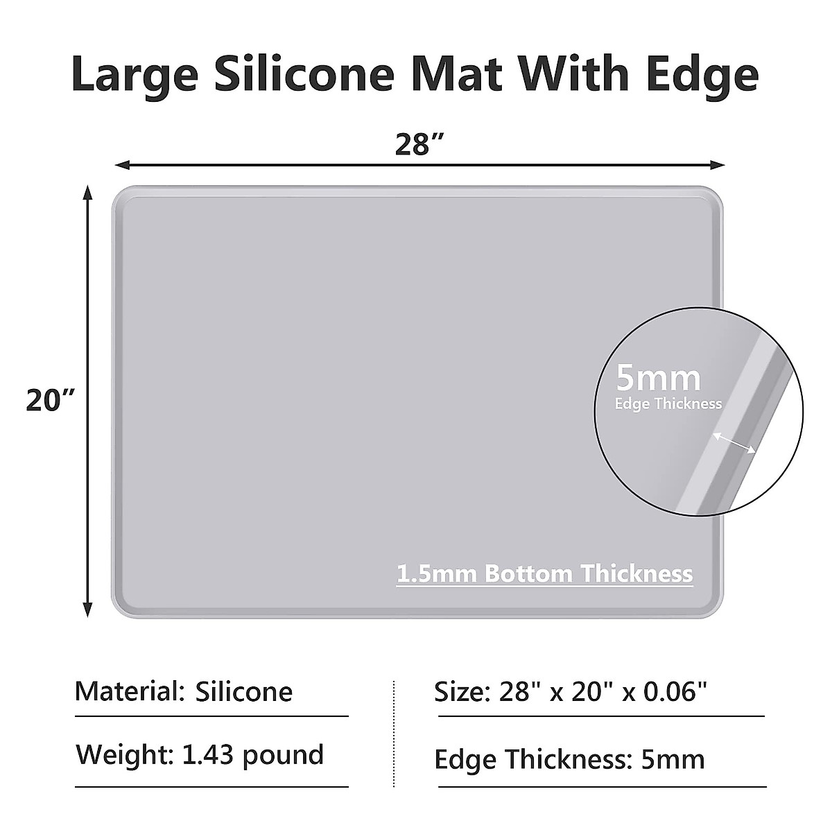 Gartful Silicone Mat for Kitchen Counter, 28" x 20" x 0.06" Thick Placemat - 0.2" Raised Edge, Extra Large Silicone Sheet with Lip, Counter Table Protector, Heat-Resistant Pad, Nonstick, Light Gray