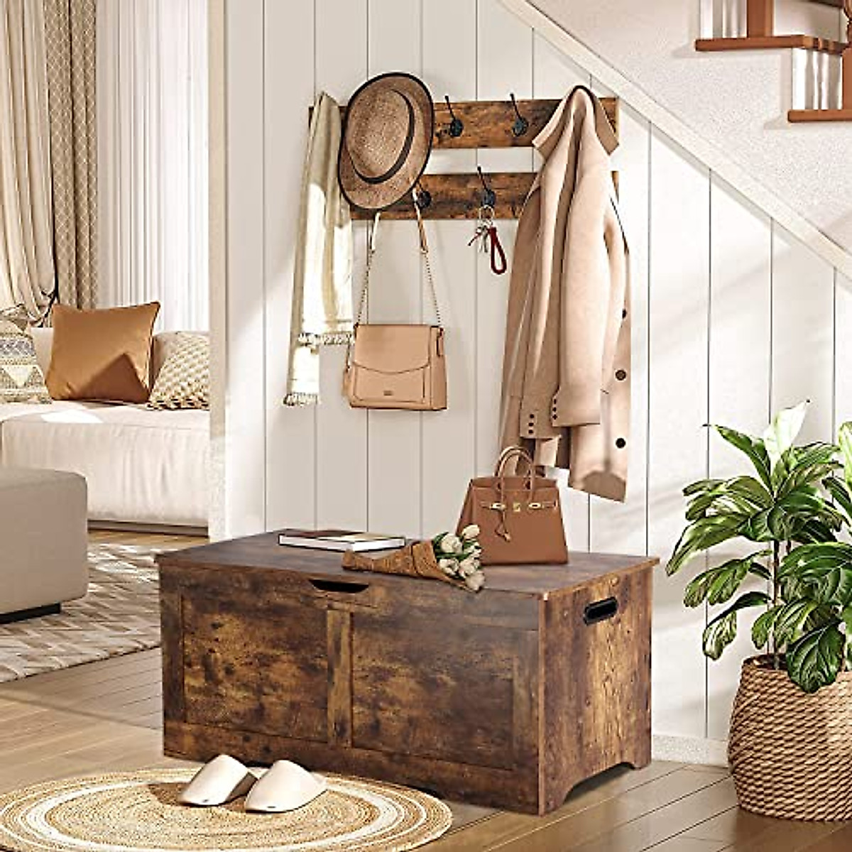 Timberer 39.4" Storage Chest, Wooden Storage Bench, Lift Top Toy Chest with 2 Safety Hinges, Large Toy Box, Entryway Bench for Living Room, Bedroom, Rustic Brown