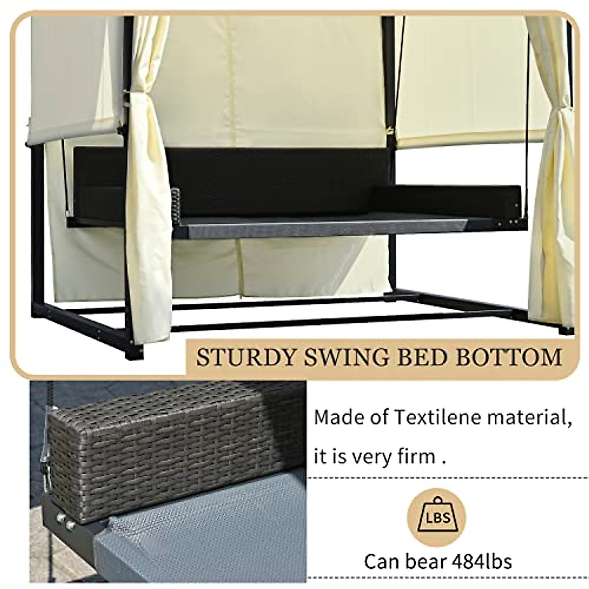 Campfun Patio Swing Bed, 3-Seat Outdoor Swing Bed, Daybed Swings for Outside Porch Bed, Patio Rattan Swing Bench with Steel Stand/Canopy/Curtain/Cushion and Pillow for Backyard Lawn Poolside, Beige