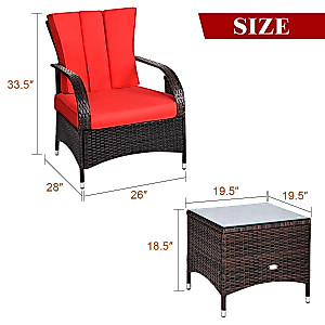 Tangkula 3-Piece Patio Conversation Set, Outdoor Wicker Furniture Set, Rattan Coffee Table & Chairs Set with Cushions, Outdoor Conversation Set for Garden Balcony Backyard (Red)