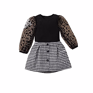 WDIRARA Toddler Girl's 2 Piece Outfits Polka Dots Mesh Top and Houndstooth Print Skirt Set Black and White 6-9M