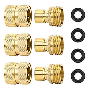 STYDDI Brass Full Flow Garden Hose Quick Release Connect Adaptor Fitting, Full Port Solid Brass Outdoor Water Hose Quick Disconnect Connector Coupler with Male and Female, with 4 Hose Washers - 3 Sets