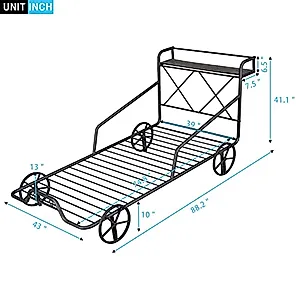 Twin Size Metal Platform Bed Frame with 4 Wheels and Storage Shelf, Car-Shaped Metal Bed with for Kids Teens Boys Girls, No Box Spring Needed, Under Bed Storage (Black)