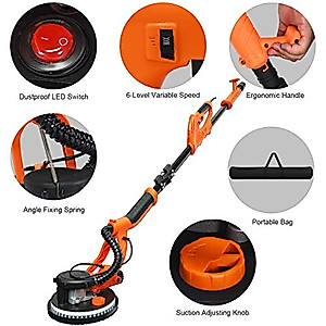 Goplus 750W Drywall Sander, Electric Foldable Sander Machine w/Dust-Free Automatic Vacuum System, 6 Variable Speed 800-1750 RPM, Double-Deck LED Lights, 12 Sanding Disks & Carrying Bag (Foldable)