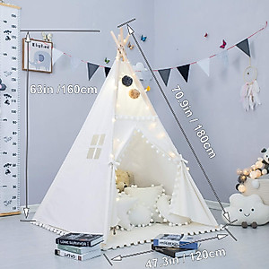 Teepee Tent for Kids with Padded Mat, Foldable Play Tent with Carry Bag for Indoor Outdoor, Pompom Lace Cotton Canvas Playhouse Tipi for Girls Boys
