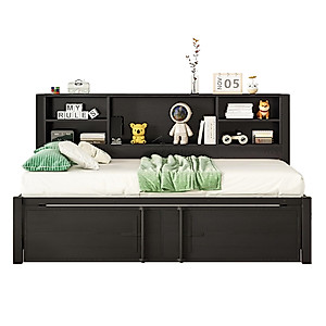 Harper & Bright Designs Twin Captains Bed with Trundle and Storage Headboard, Daybed Twin with USB Charging Port and Metal Frame, Industrial Style Twin Trundle Bed Frame, No Box Spring Needed, Black