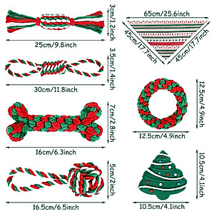 Whaline 7Pcs Christmas Pet Toy Kit Include Chewing Toys, Dog Bandana and Xmas Tree Squeak Toy Red Green Candy Bone Ball Shape Knot Cotton Rope Chew Toys for Small Medium Large Dog Christmas Pet Gifts