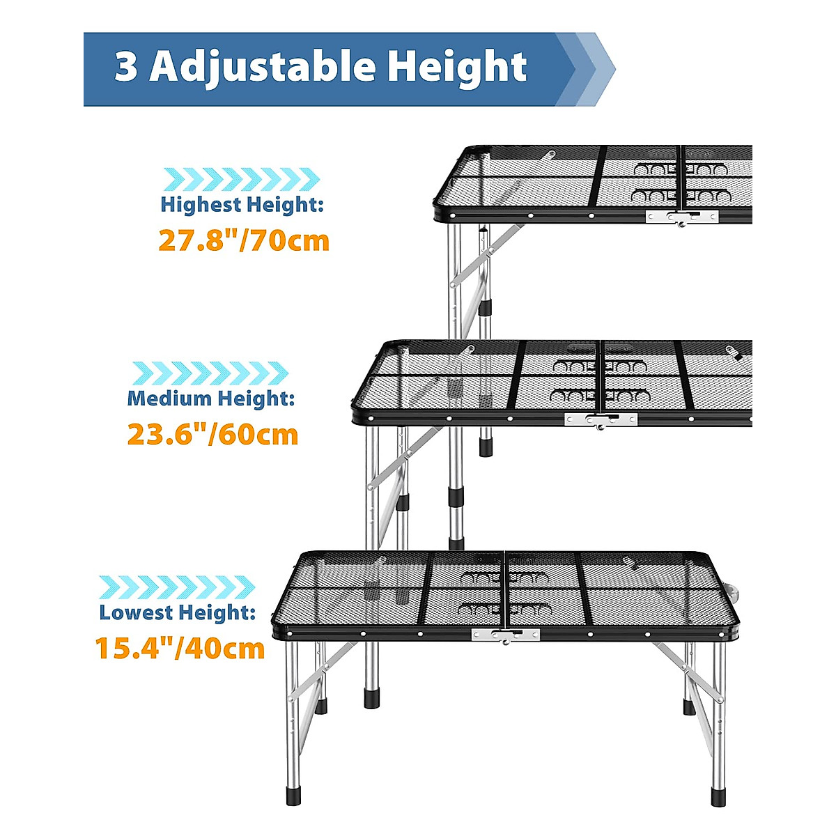 Sportneer Grill Table for Outside, 3ft(L) x 2ft(W) Height Adjustable Camping Table Lightweight Aluminum Folding Portable Metal Folding Outdoor Grill Table for Camping Cooking BBQ RV Picnic (Black)