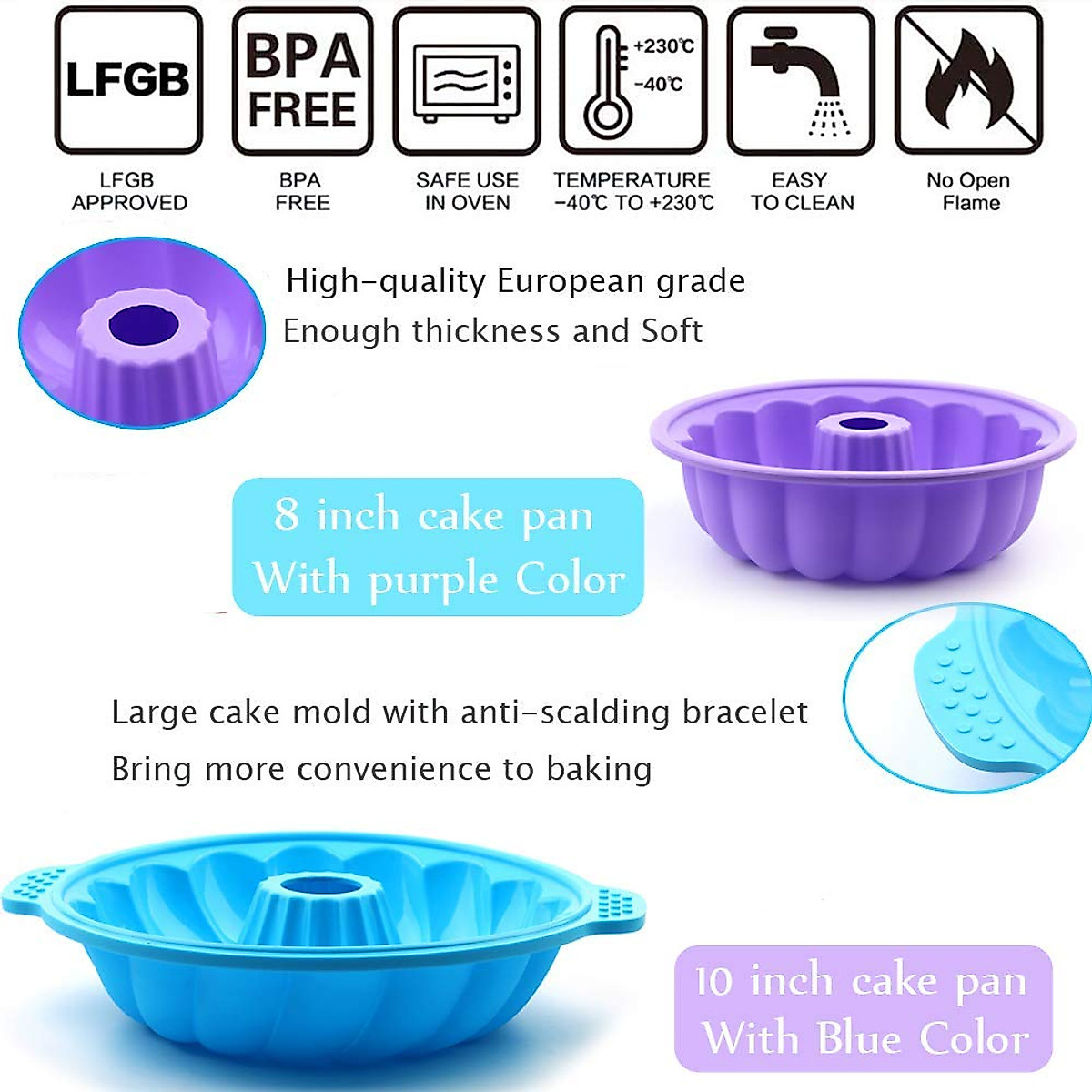 ZEMSY 2 Pack Silicone Round Cake pan European Grade Non-Stick Bakeware For Jello, Bread, Gelatin, Cakes pans 8-10Inch