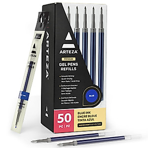 ARTEZA Gel Pen Refills Pack of 50 Blue Roller Ball Gel Ink Pen Refills, Quick-Drying, Nontoxic, Fine Point