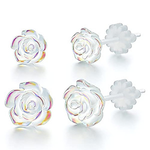 Plastic Earrings for Sensitive Ears, KMEOSCH 2 Pairs (6mm & 8mm) Clear 3D Plastic Rose Stud Earrings for Women - Unique, Elegant Comfortable, Chic, and Feather-light