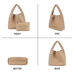 LMKIDS Women Vegan Leather Hand-Woven Tote Handbag Fashion Shoulder Top-handle Bag All-Match Underarm Bag with Purse (Khaki)