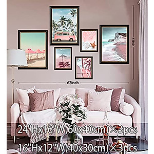 6 Set Large Beach Wall Art for living Room Bathroom Pink and Blue Seascape Themed Picture Poster Print Wall Decor Beach Chairs Starfish Surfboard Palm Tree for Teens Girl Home Decorations Unframed