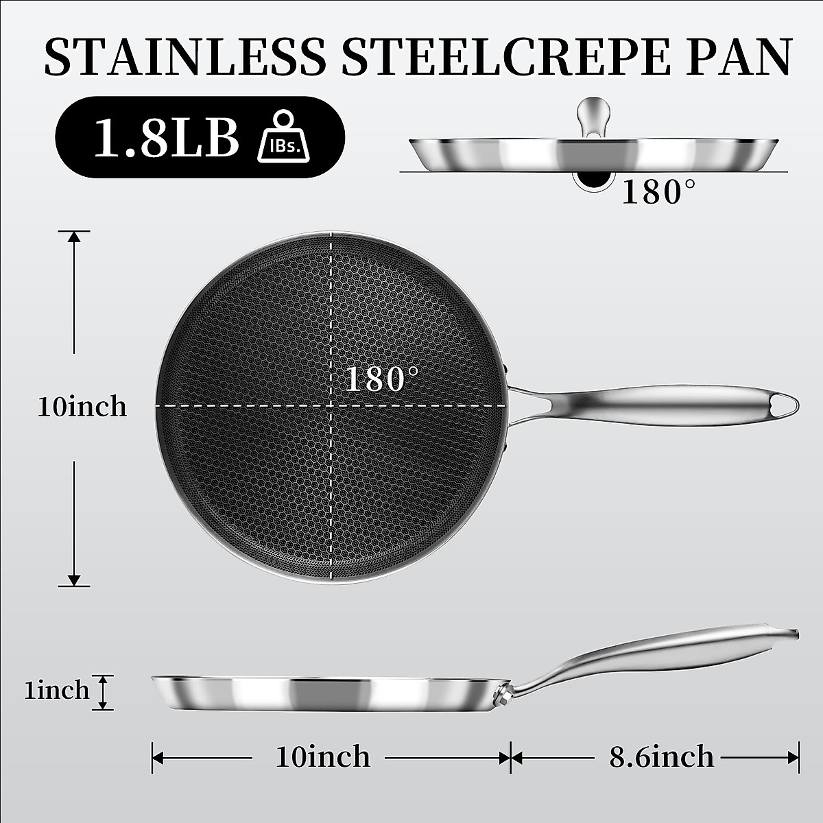 Innerwell Nonstick Crepe Pan 10 inch Stainless Steel Crepe Pan Honeycomb Coating Flat Skillet Tawa Dosa Tortilla Pan,Omelet Pan with All Stove Tops Available, Induction Compatible