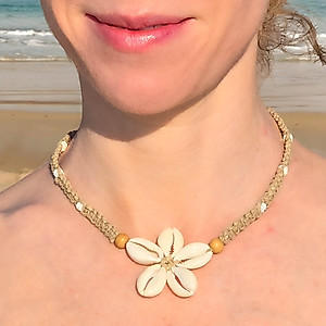BlueRica Cowrie Shells Flower Pendant on Braided Hemp Cord Choker Necklace with Puka Shell Beads