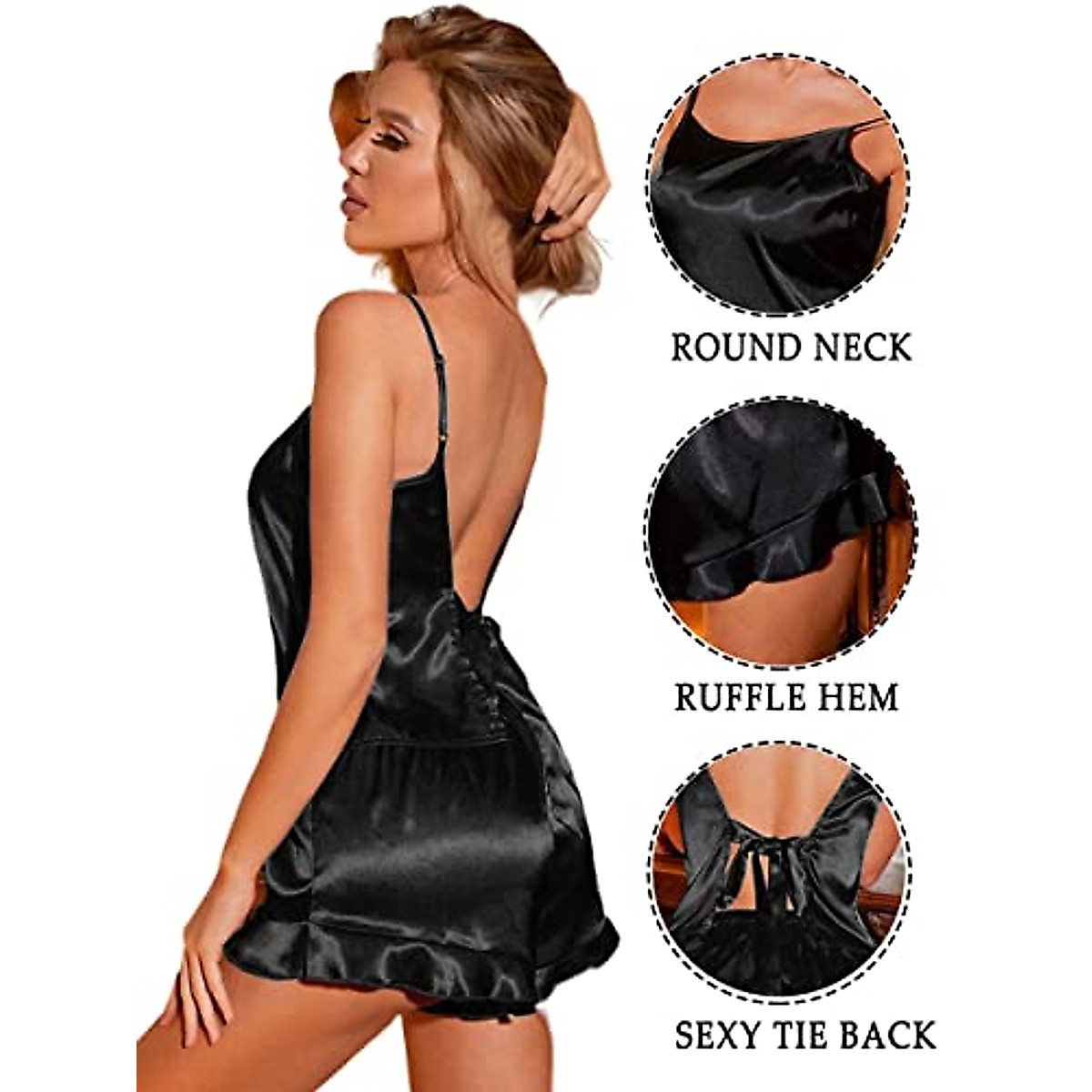Ekouaer Silk Pajamas Set Women Satin Camisole Backless Sleepwear 2 Piece Pjs Cami Top and Shorts Nightwear Black