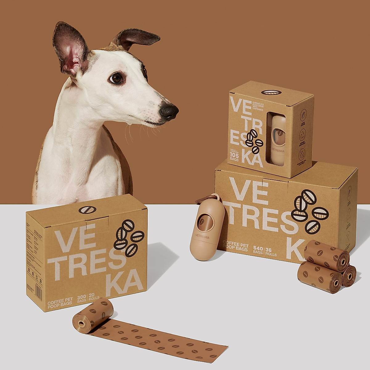 VETRESKA Dog Poop Bag Dispenser with Coffee Scented Waste Bags, Leak Proof, Extra Thick and Large Pet Poop Bags, 1 Count Bag Holder and 105 Count Bags (7 Refill Rolls) for Dogs and Cats