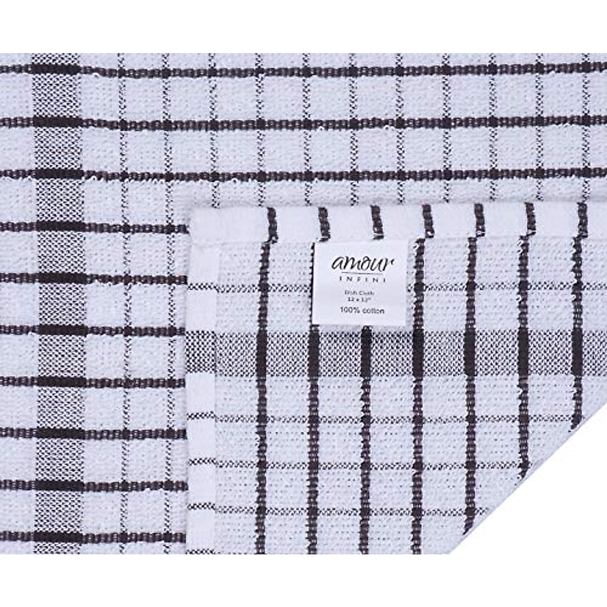 AMOUR INFINI Grid Terry Dish Cloth | Set of 8 | 12 x 12 Inches | Low Lint, Super Soft and Absorbent |100% Cotton Dish Rags | Perfect for Household and Commercial Uses | Charcoal
