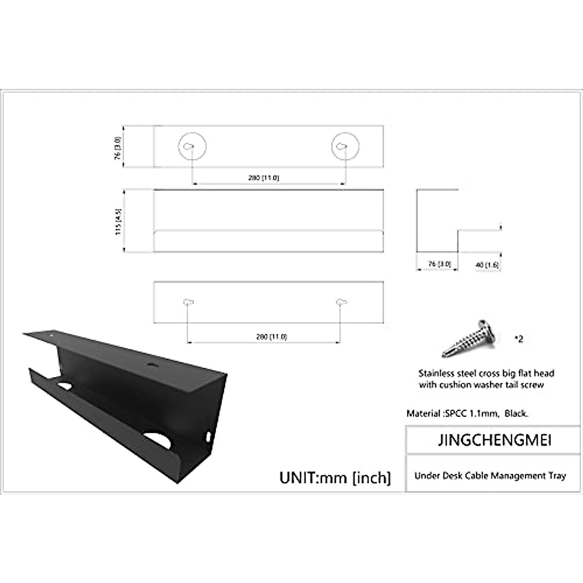 Jingchengmei Under Desk 17-Inch Cable Management Tray, Power Strip Holder, Metal Cord Organizer, Wire Management for Office and Home, Black (UDCMT17In, Black)