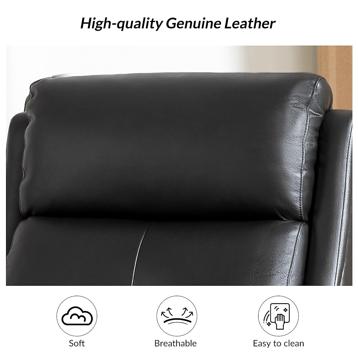 HULALA HOME Genuine Leather Swivel Rocker Recliner with Adjustable Backrest & Footrest, Manual Glider Reclining Chair for Living Room Bedroom, Home Theater Sofa Chair with 360° Swivel Base (Black)