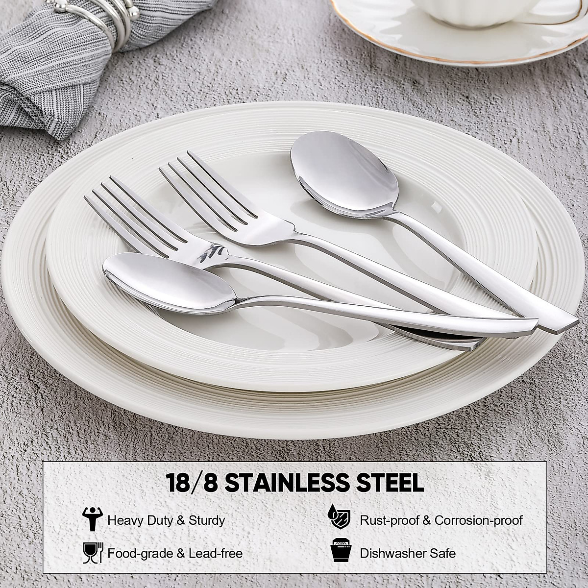 NETANY 16-Piece Forks and Spoons Silverware Set, 8 Dinner Forks and 8 Dinner Spoons, 18/8 Stainless Steel Flatware Cutlery Set, Mirror Polished, Dishwasher Safe