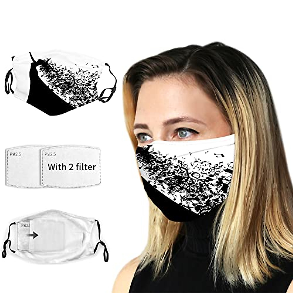 Opera Fashion Face mask,Abstract Silhouette of Singer Woman Performing with Music Notes Hair,Dust Washable Reusable Filter and Reusable Mouth Warm Windproof Face for women men,Black and White
