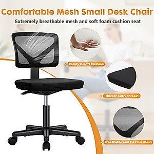 Sweetcrispy Armless Desk Chair - Small Home Office Chair with Wheels, Mesh Low Back Task Chair with Lumbar Support and Wheels, Adjustable Height 360° Rolling Swivel Computer Chair Without Arm, Black