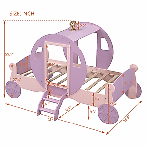 SOFTSEA Princess Twin Bed Frame, Wood Carriage Bed with Stairs, Purple+Pink, 88x55.9x59.1in, 112LBS, 300LBS Capacity, Includes Tools, for Girls