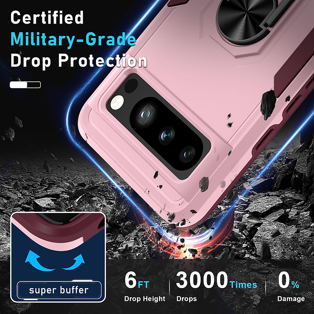 Janmitta for Google Pixel 8 Pro Case with Screen Protector + Camera Lens Protector,Heavy Duty Shockproof Full Body Protective Cover Built in Rotatable Metal Ring Holder Kickstand,2023 Cute Pink