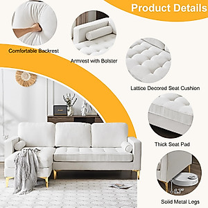 voqoomkl 85" Burlap Fabric Sectional Sofa Couch with Reversible Chaise, L-Shape Couch with Bolster Pillows and Metal Legs, 3 Seats Modular Sofa for Living Room Apartment Small Space, Beige