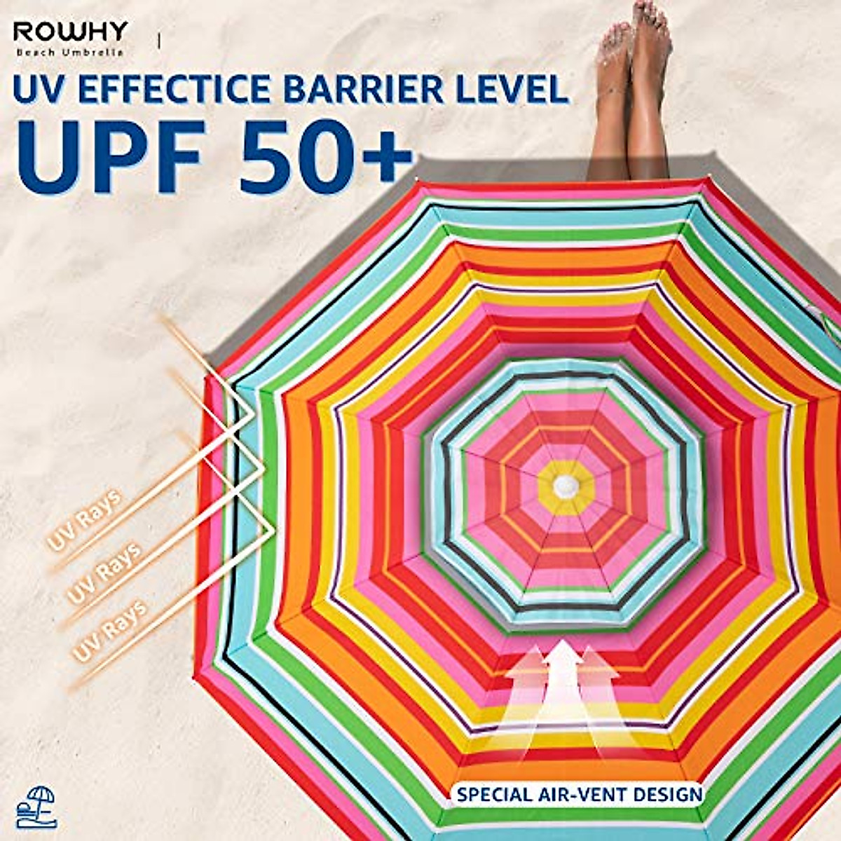 ROWHY 6.5FT Beach Umbrella UV 50+ Outdoor Portable Sunshade Umbrella With Push Button Tilt Sand Anchor and Carry Bag for Patio Garden Beach Pool Backyard (Red and Orange Stripe)